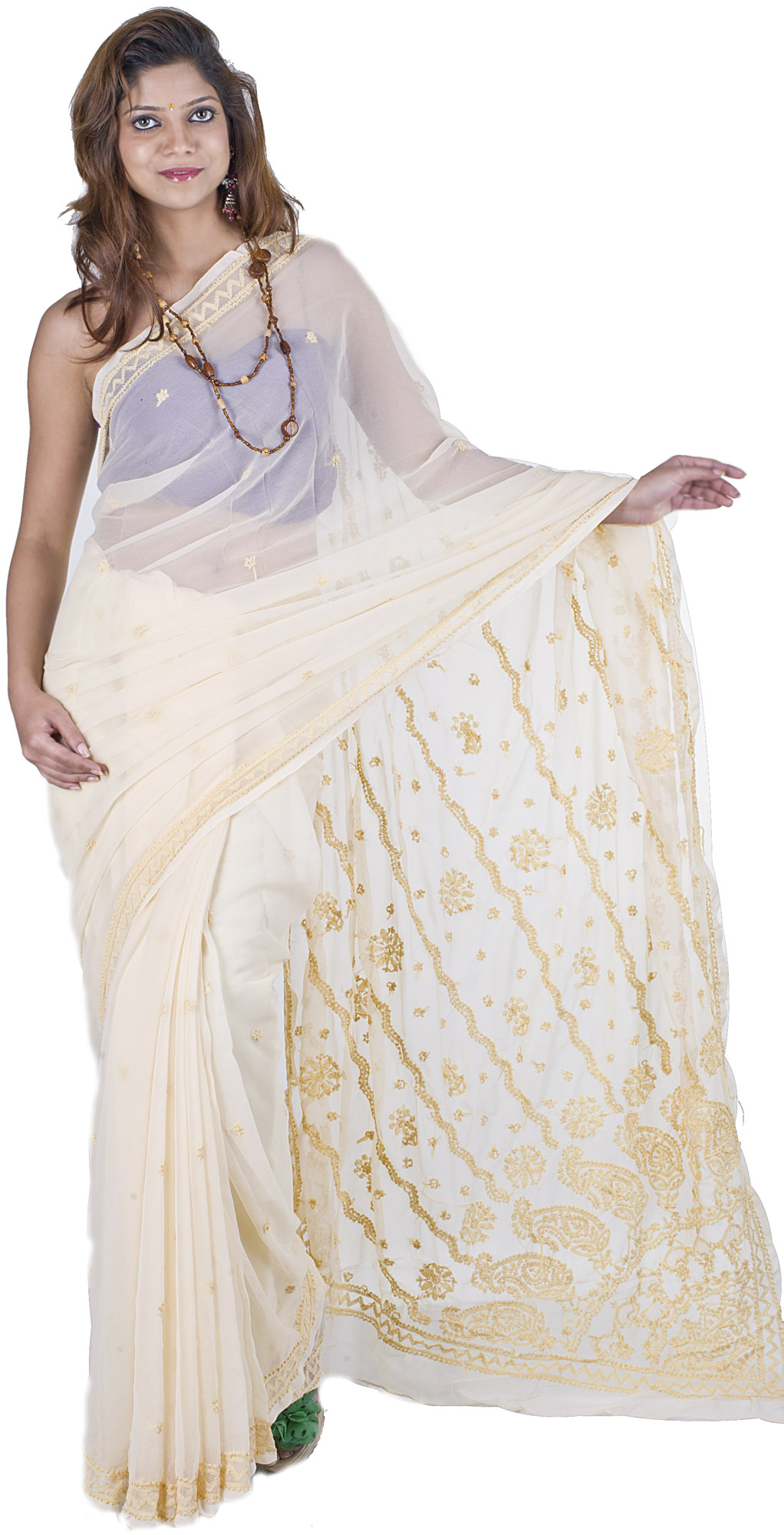 Honey-Peach Chikan Sari From Lucknow with Hand Embroidered Flowers ...