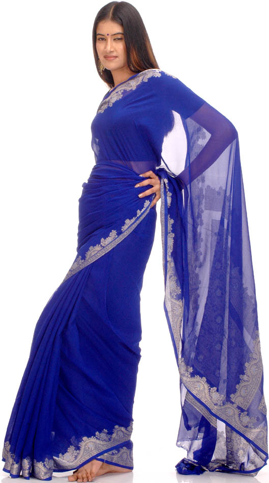Indigo Sari with Silver and Golden Zari | Exotic India Art