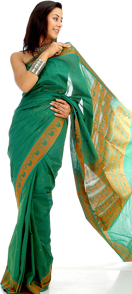 Islamic Green Baluchari Sari from Bengal | Exotic India Art