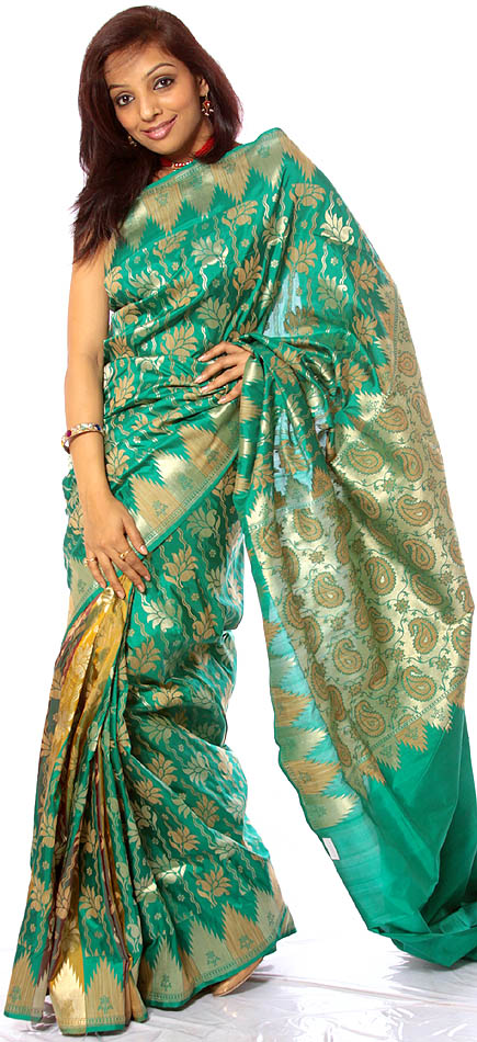 Islamic Green Sari from Banaras with Hand-woven Leaves All-Over ...