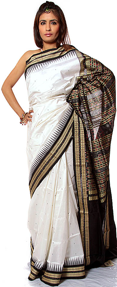 Ivory and Black Sambhalpuri Patli Sari with Ikat Weave and Temple ...
