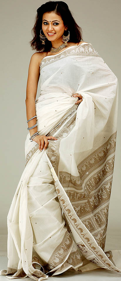 Ivory Baluchari Sari from Bengal | Exotic India Art