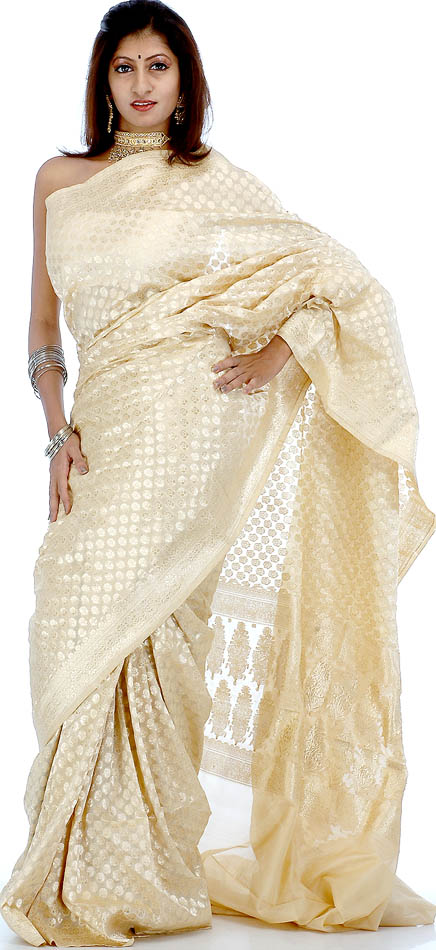 Ivory Banarasi Wedding Sari with All-Over Golden Bootis and Border ...