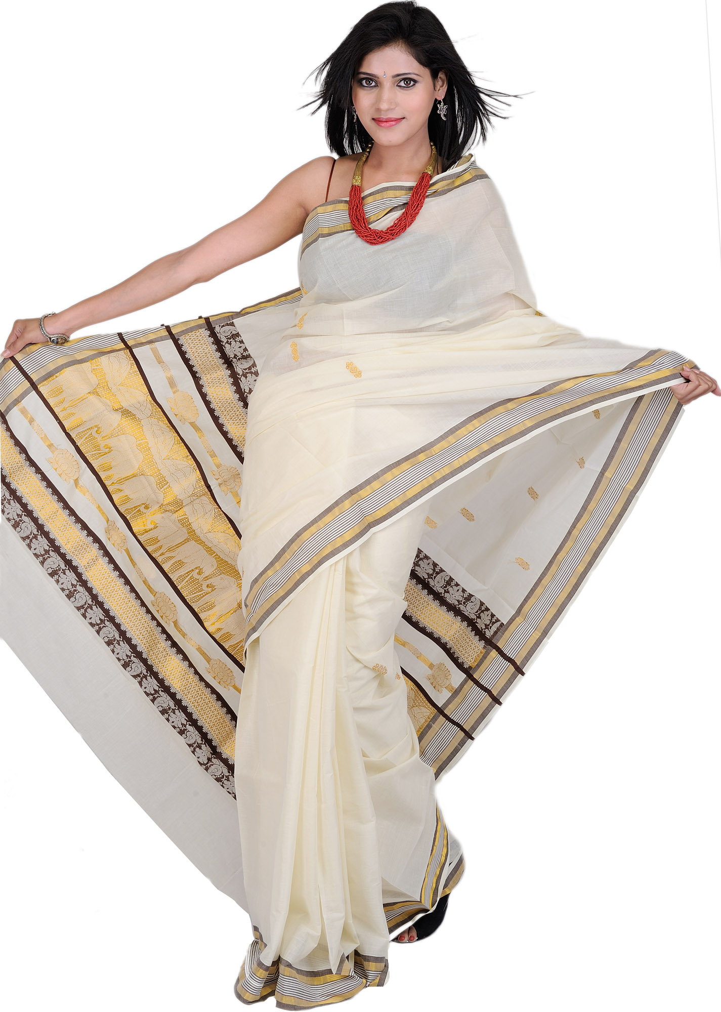 Ivory Kasavu Cotton Sari from Kerala with Elephants Woven in Golden ...