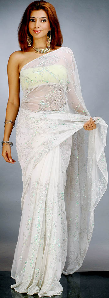 Ivory Net Sari with All-Over Sequins and Threadwork | Exotic India Art