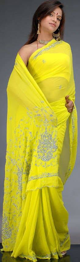 Lemon Yellow Sari with Threadwork and Sequins | Exotic India Art