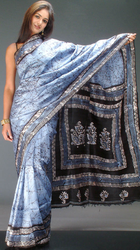 Light Blue Batik Silk Sari | Exotic India Art