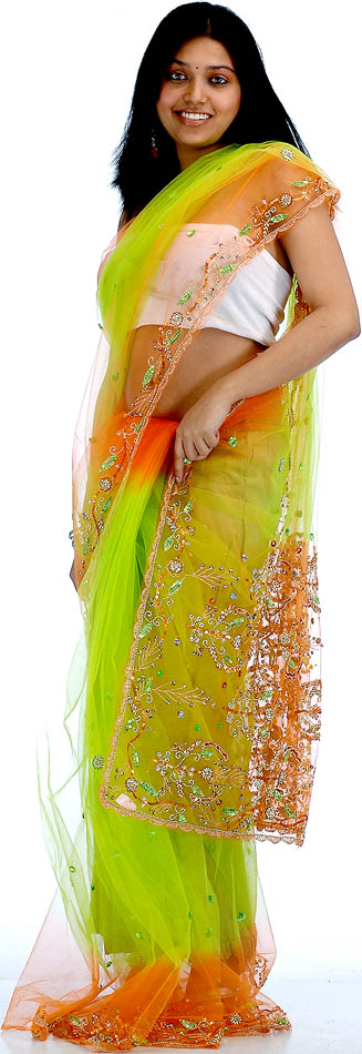 Lime and Orange See-Through Sari with Beads and Sequins | Exotic India Art