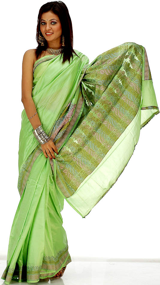 Lime Green Sari with Floral Weave on Pallu and Border | Exotic India Art