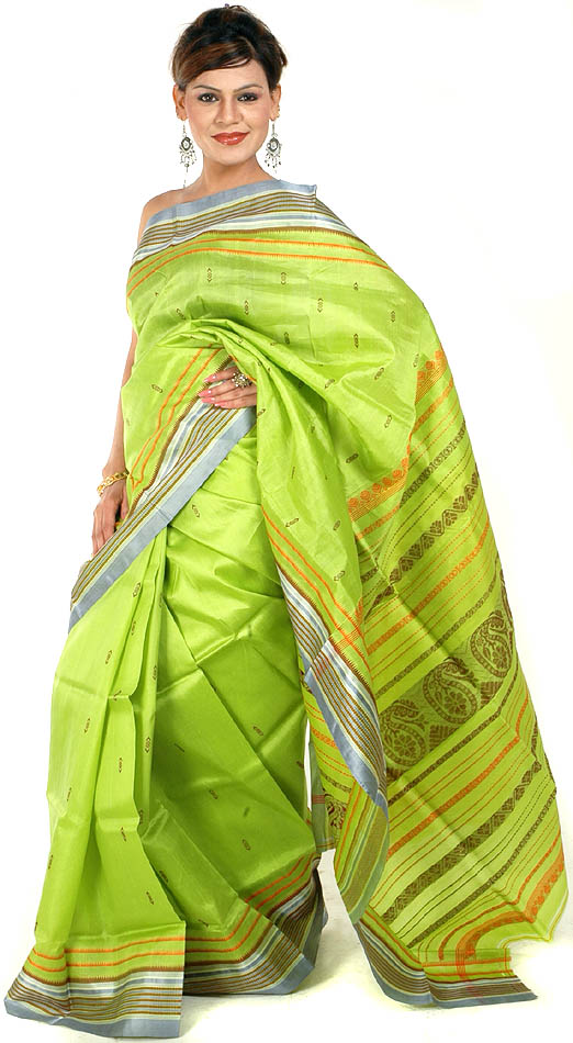Lime-Green Hand-woven Garad Sari from Bengal with Paisleys on Anchal ...