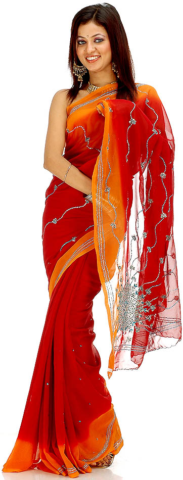Maroon and Burnt Orange Sari with Sequins | Exotic India Art