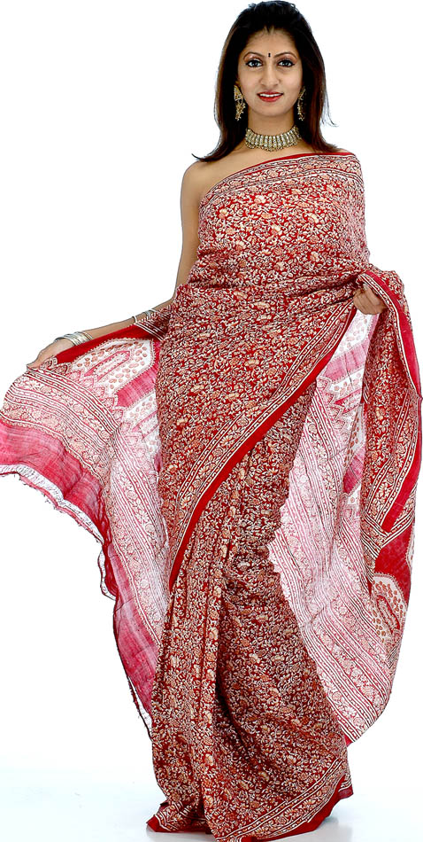 Maroon Block-Printed Sari from Kolkata | Exotic India Art