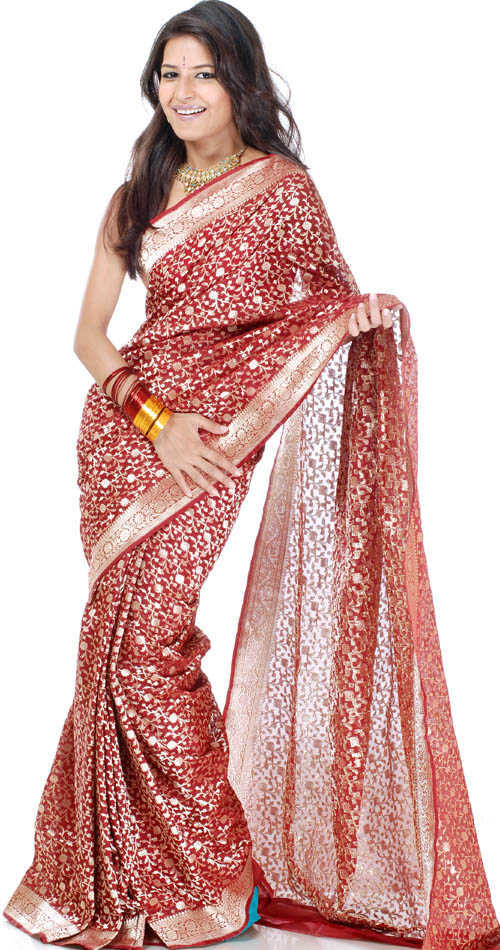 Maroon Bridal Banarasi Sari with All-Over Golden Weave | Exotic India Art