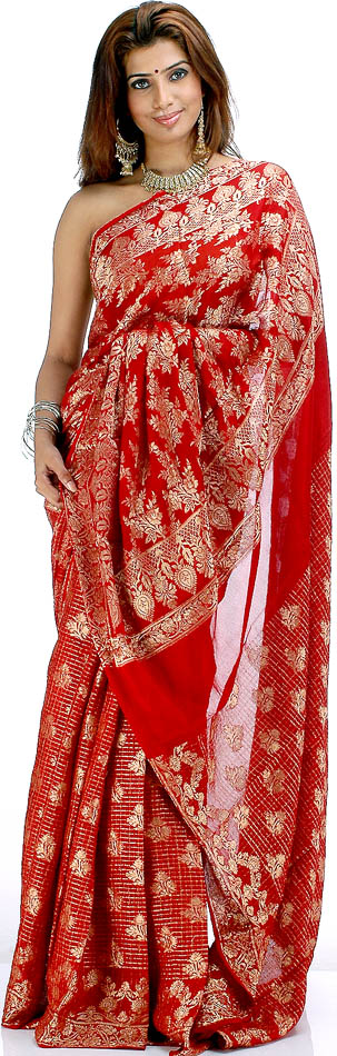 Maroon Bridal Sari with All-Over Golden Thread Weave | Exotic India Art