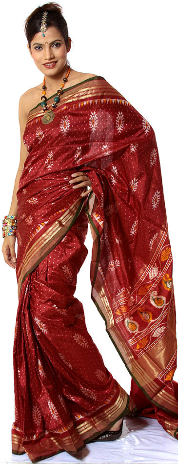 Maroon Ikat Sari from Pochampally with Tissue Pallu | Exotic India Art