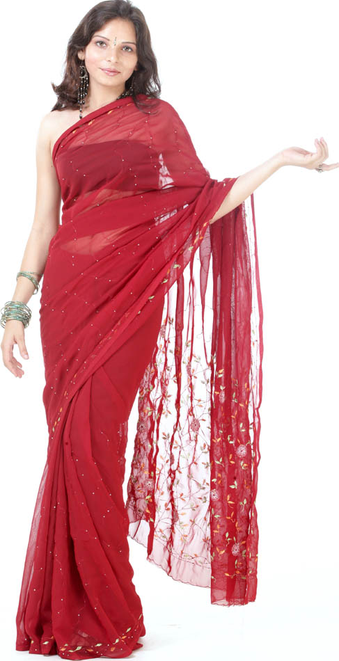 Maroon Sari with Persian Embroidery and All-Over Sequins | Exotic India Art