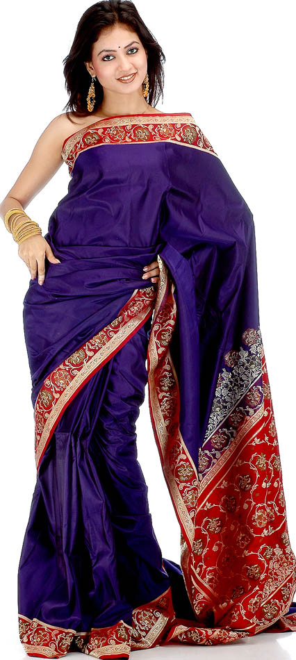 Midnight-Blue Satin Valkalam Sari with Floral Brocaded Border and Pallu ...