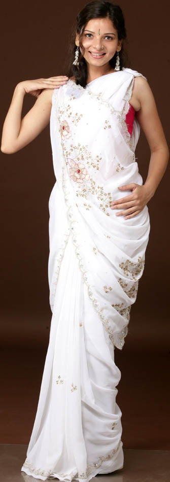 Milky-White Sari with Floral Embroidery and Beads | Exotic India Art