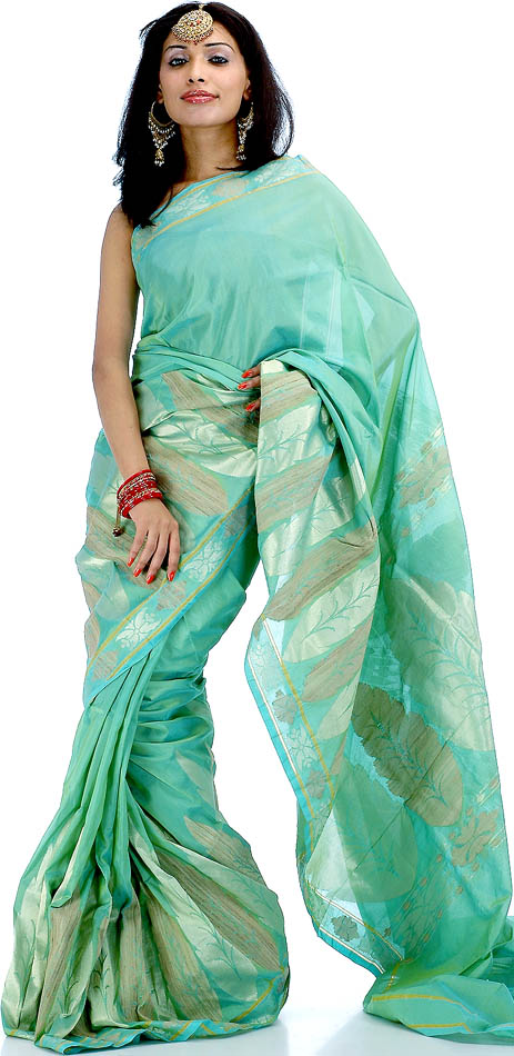 Moss Green Valkalam Sari from Banaras with Khadi Weave | Exotic India Art