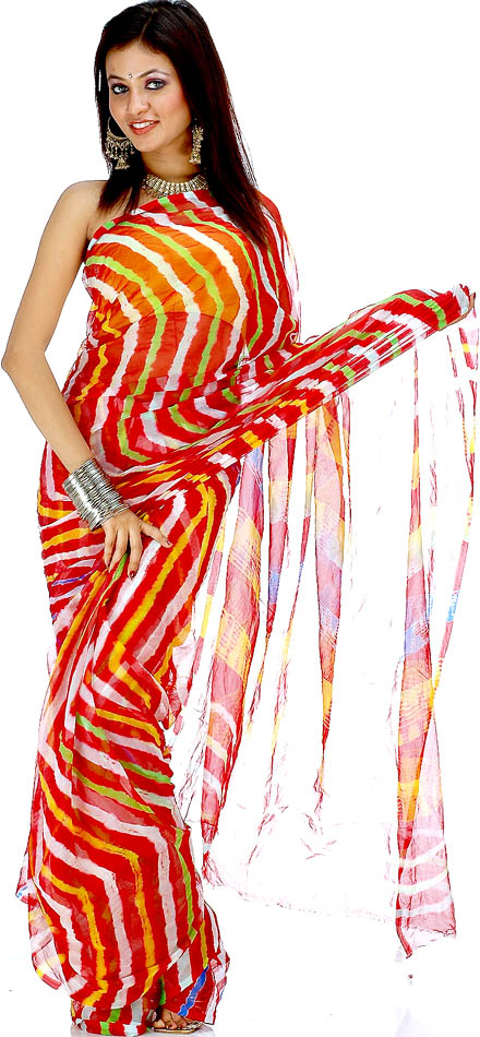 Multi-Color Sari with Geometrical Design from Gujarat | Exotic India Art