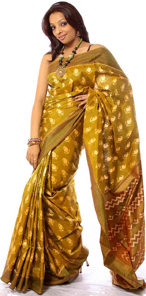 Olive-Green Ikat Sari from Pochampally with Hand-woven Paisleys ...