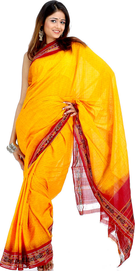 Orange Ikat Sari from Pochampally with Maroon Border and All-Over Weave ...