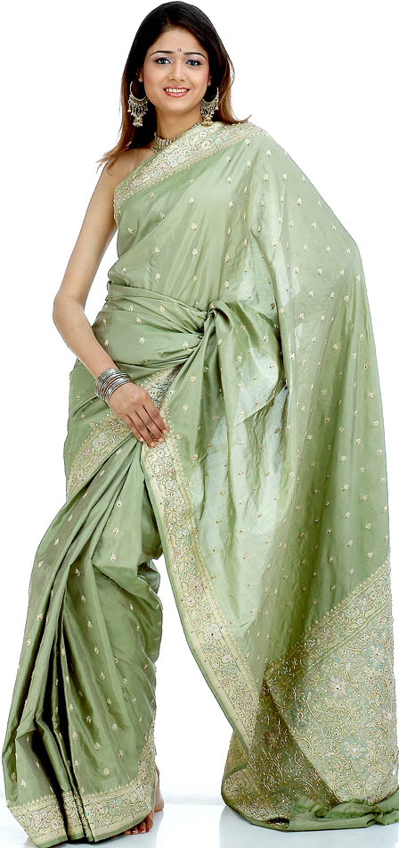 Pale Lime Green Valkalam Sari from Banaras with Beadwork and Brocade ...