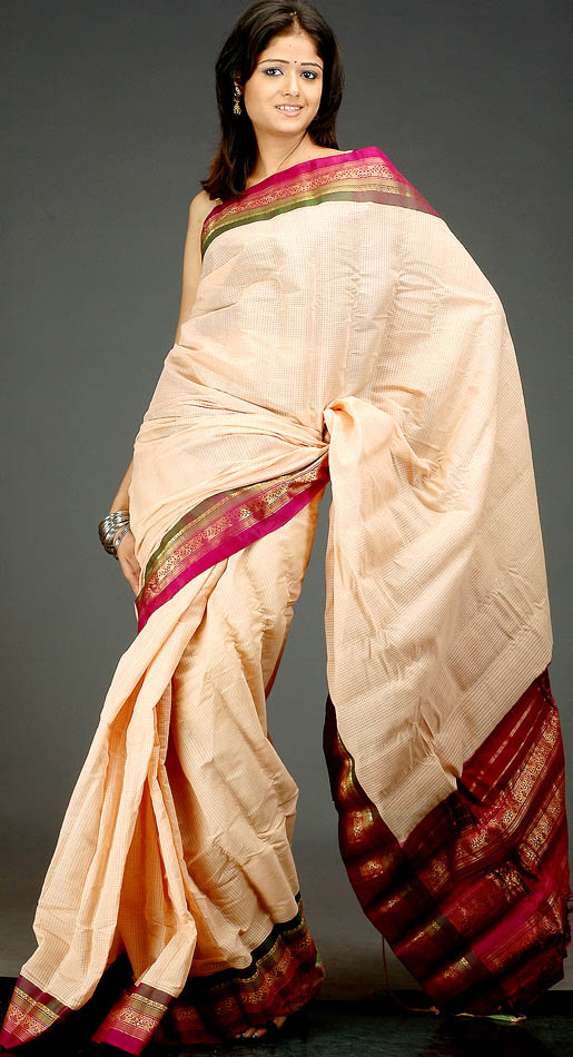 Peach Handwoven Gadwal Sari with Fine Checks and Real Zari | Exotic ...