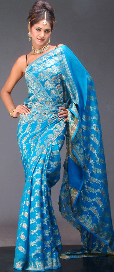 Persian Blue Chiffon Sari with Jacquard Weave | Exotic India Art