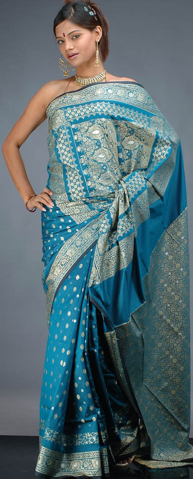 Pine Green Banarasi Sari with All-Over Bootis | Exotic India Art