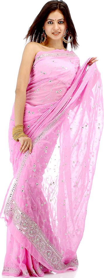 Pink Sari with All-Over Aari Embroidery and Sequins | Exotic India Art