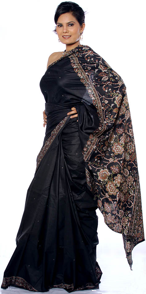 Plain Black Sari from Kolkata with Floral Print | Exotic India Art