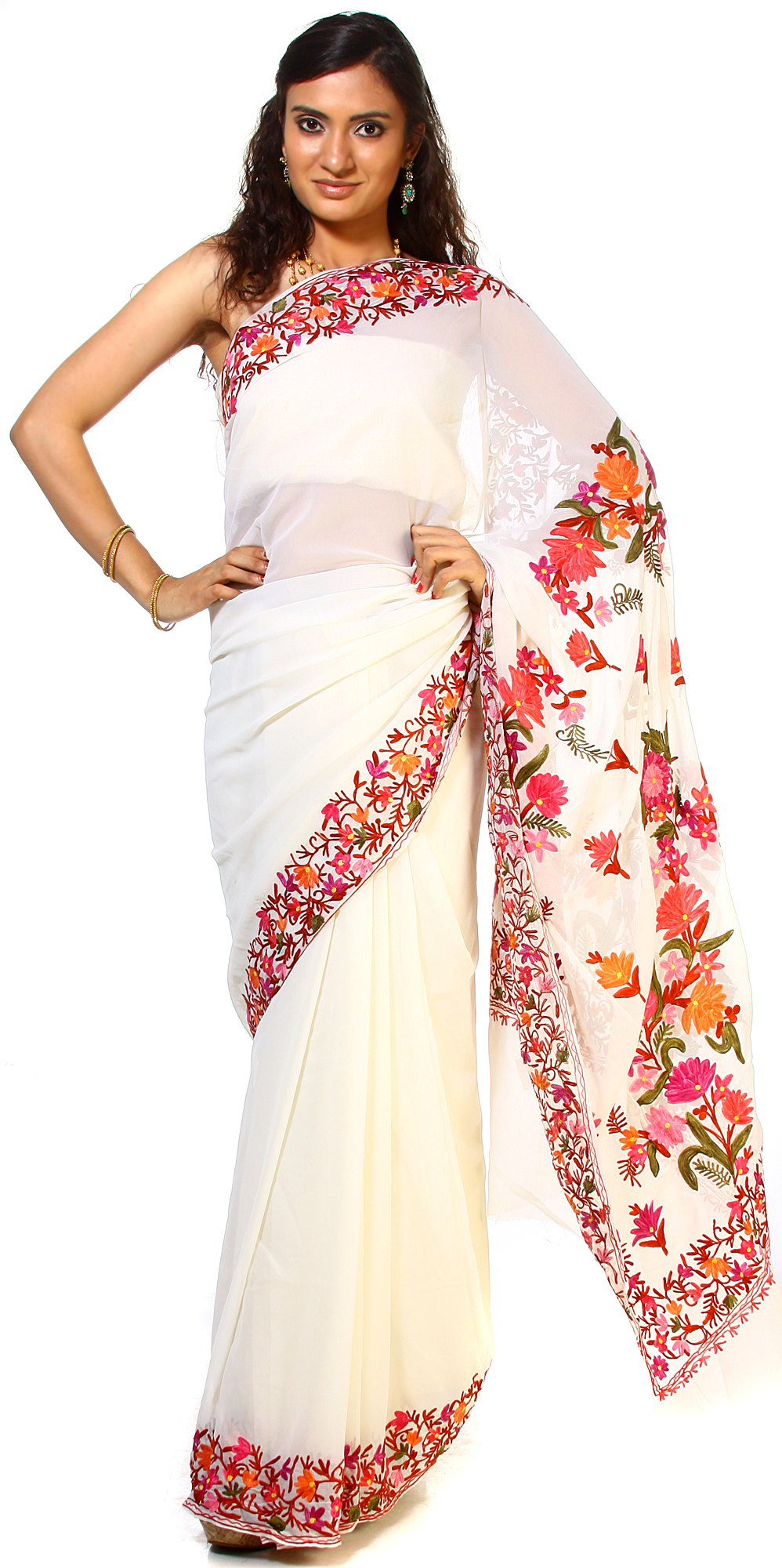 Plain Ivory Sari from Kashmir with Aari Embroidered Flowers | Exotic ...