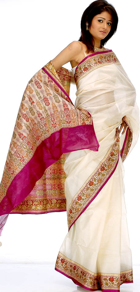 Plain Ivory Tussar Sari with Banarasi Brocade on Border and Pallu ...