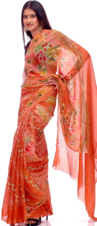Printed Crush Georgette Sari | Exotic India Art