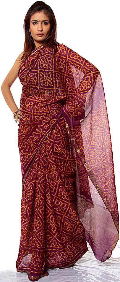Purple Bandhani Sari from Rajasthan | Exotic India Art