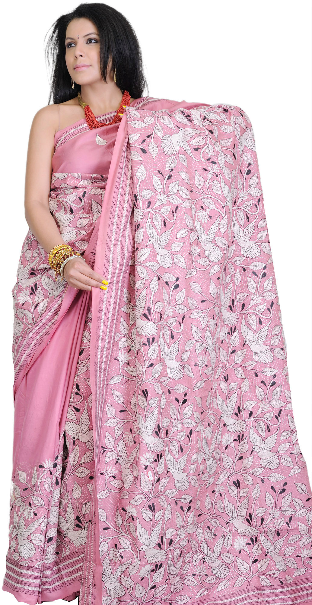 Rapture-Rose Bengali Sari with Kantha Embroidered Birds in Flight ...