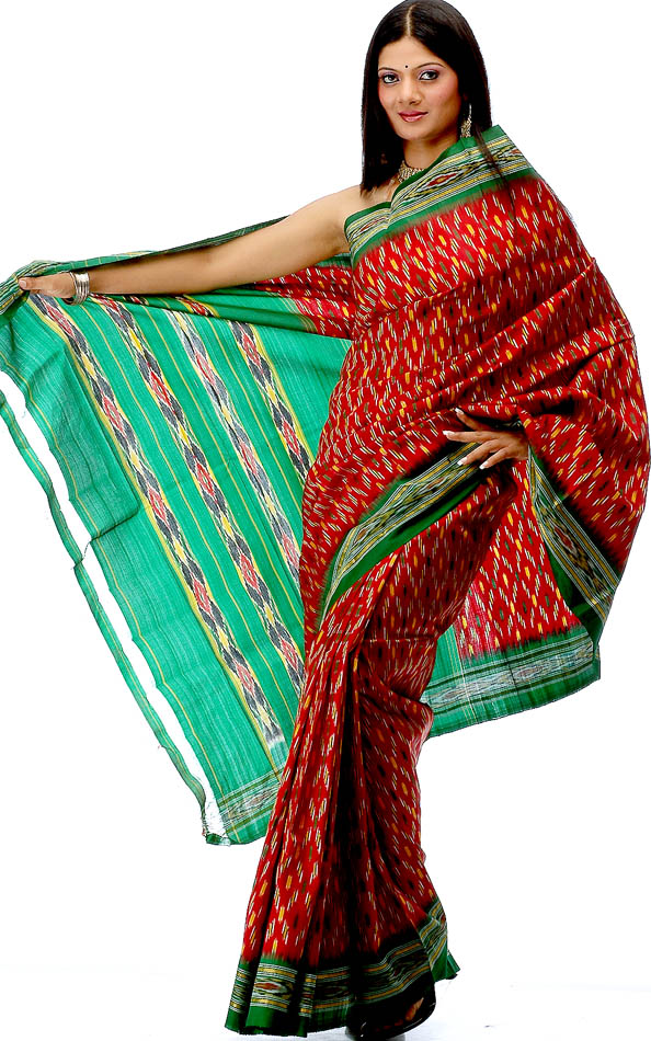Red and Green Ikat Sari Hand-Woven in Pochampally | Exotic India Art