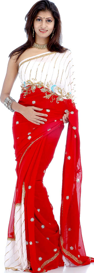 Red and White Designer Sari with Sequins and Beadwork | Exotic India Art
