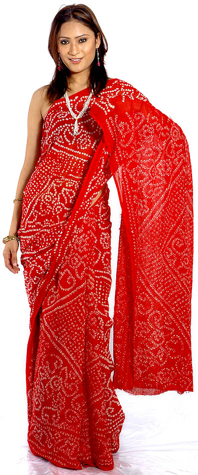 Red Bandhani Sari from Rajasthan | Exotic India Art