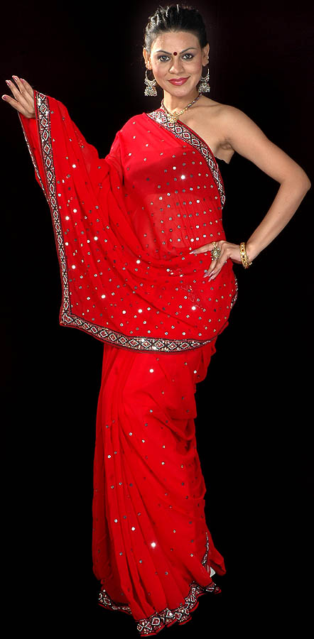 Red Sari with Beads and Mirrors | Exotic India Art