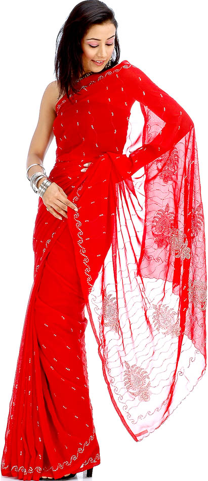 Red Sari with Sequins and Threadwork | Exotic India Art