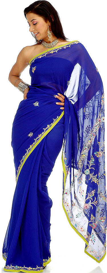 Royal Blue Sari with Threadwork and Beads | Exotic India Art