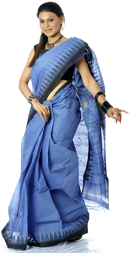 Royal-Blue Dhakai Manipuri Sari With Multi-Color Weave | Exotic India Art