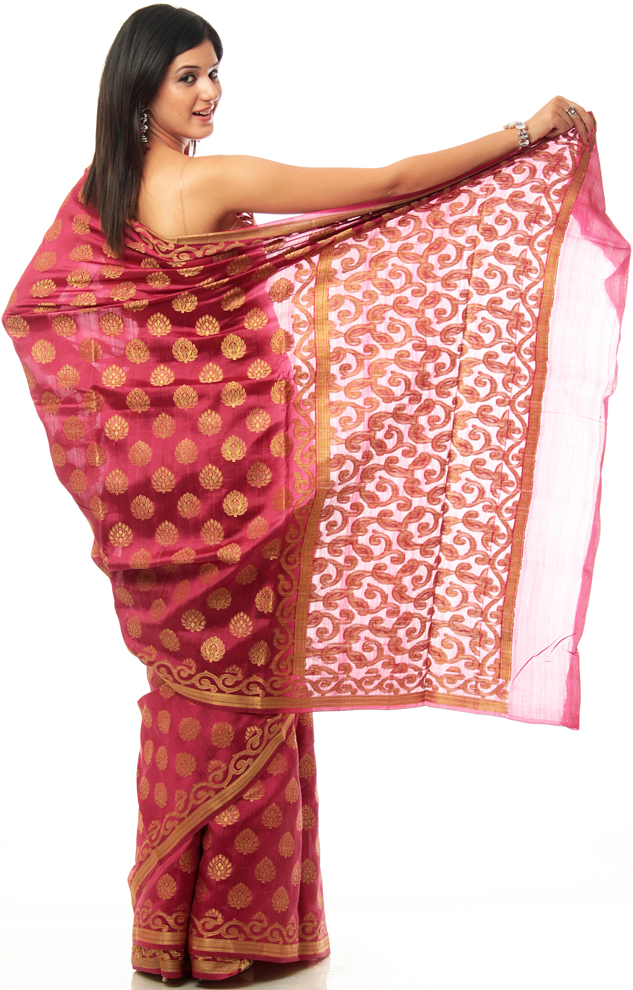 Carmine Banarasi Sari with Woven Leaves All-Over | Exotic India Art