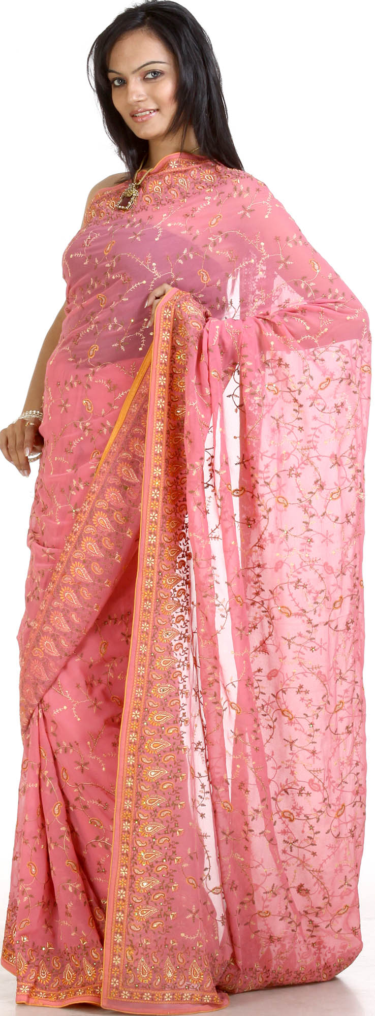 Rapture-Rose Sari with Needle Embroidered Paisleys and Sequins | Exotic ...