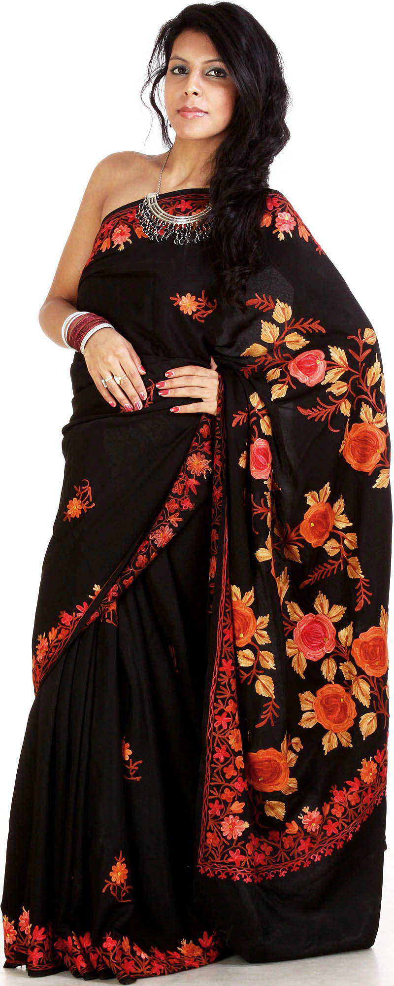 Black Kashmiri Sari with Aari Embroidered Flowers | Exotic India Art