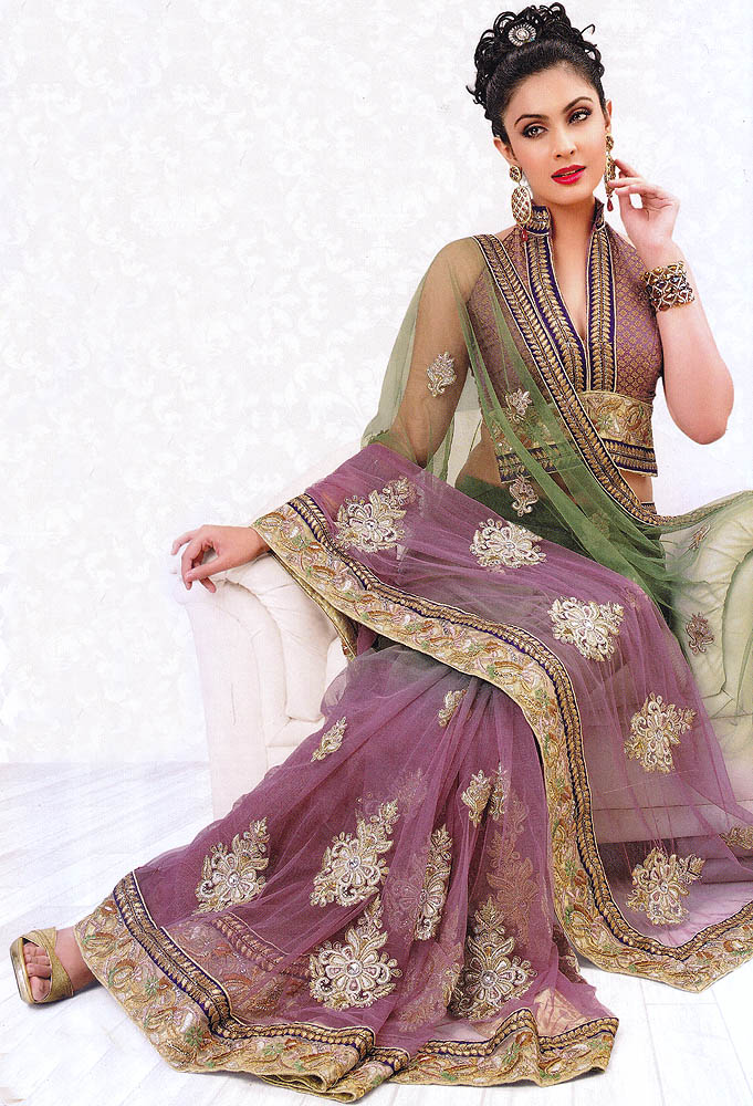 Chestnut and Hedge-Green Sari with Crewel Embroidery and Floral Gota ...