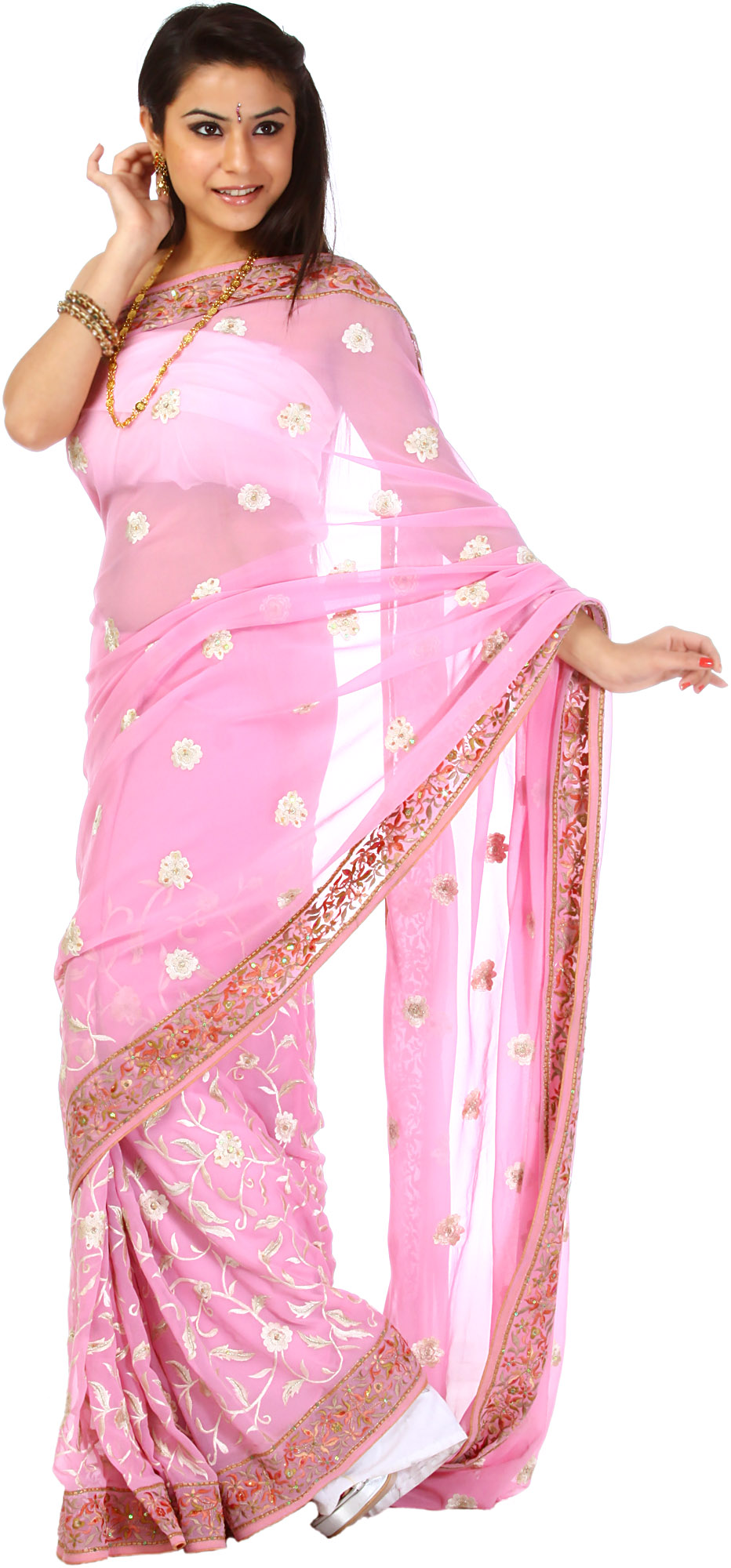 Pink Sari with Parsi Embroidered Flowers All-Over | Exotic India Art