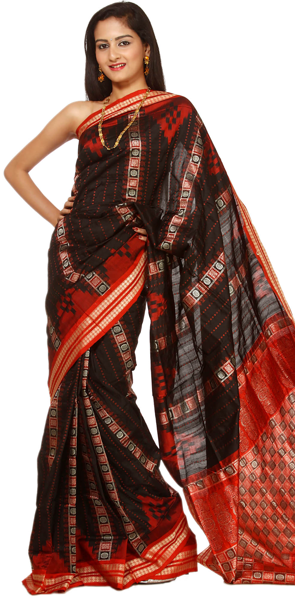 Black and Orange Sambhalpuri Sari with Ikat Weave All Over and ...